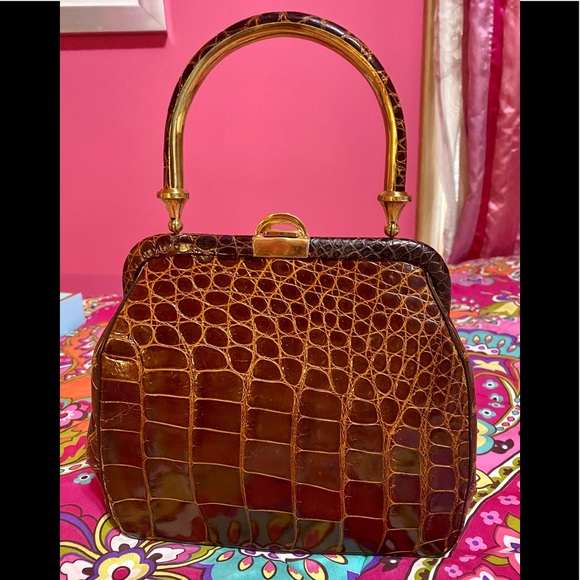 Crown Vintage | Bags | Vtg Crown Handbags Brown Genuine Crocodile Brass ...